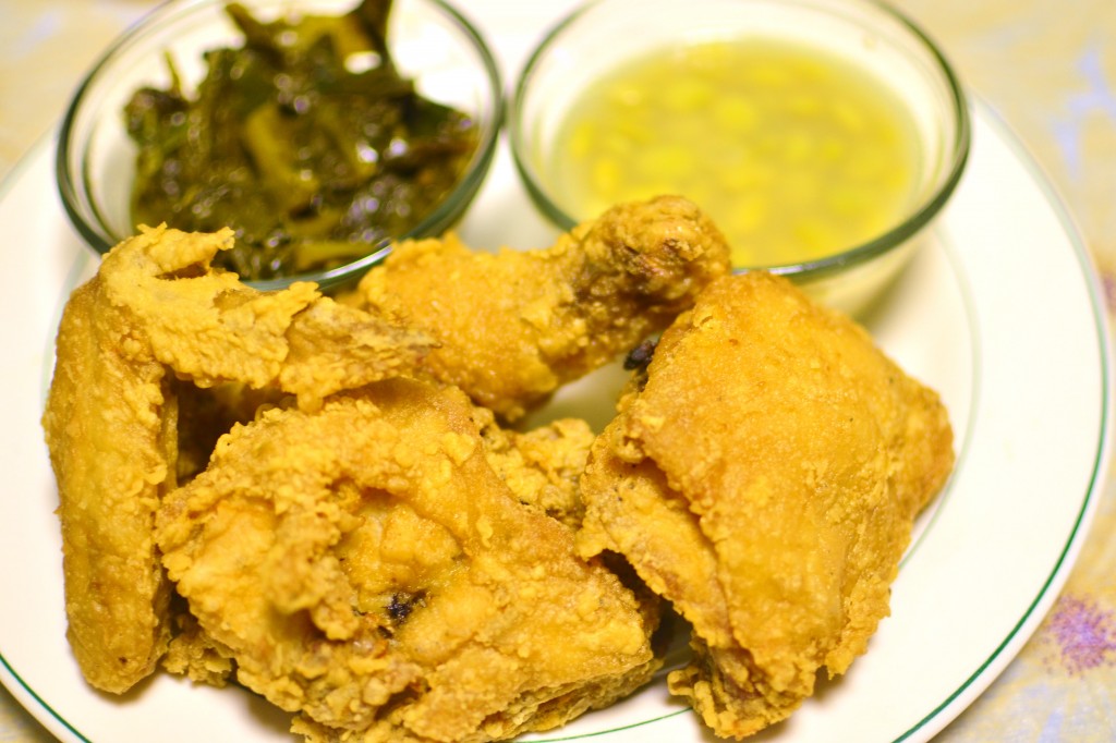 Fried chicken with collard greens and lima beans